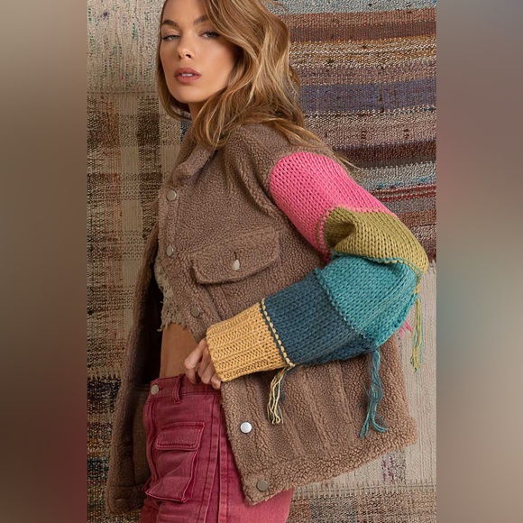 POL | Jackets & Coats | Contrast Sweater Sleeve Button Down Fleece Combo Jacket Sale In Teddy ...